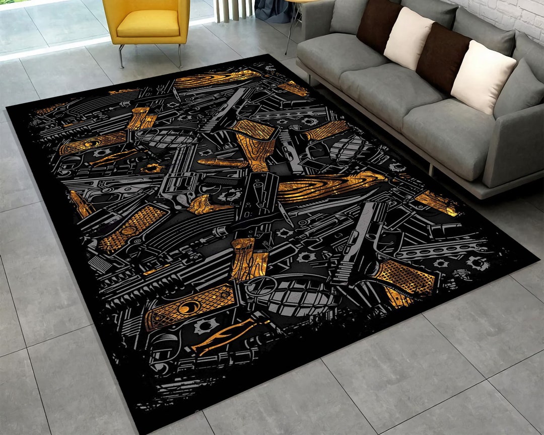 Gold Gun Rug, Gun and Money Rug, Weapon Area Rug, Gun Room Rug, Rug for ...