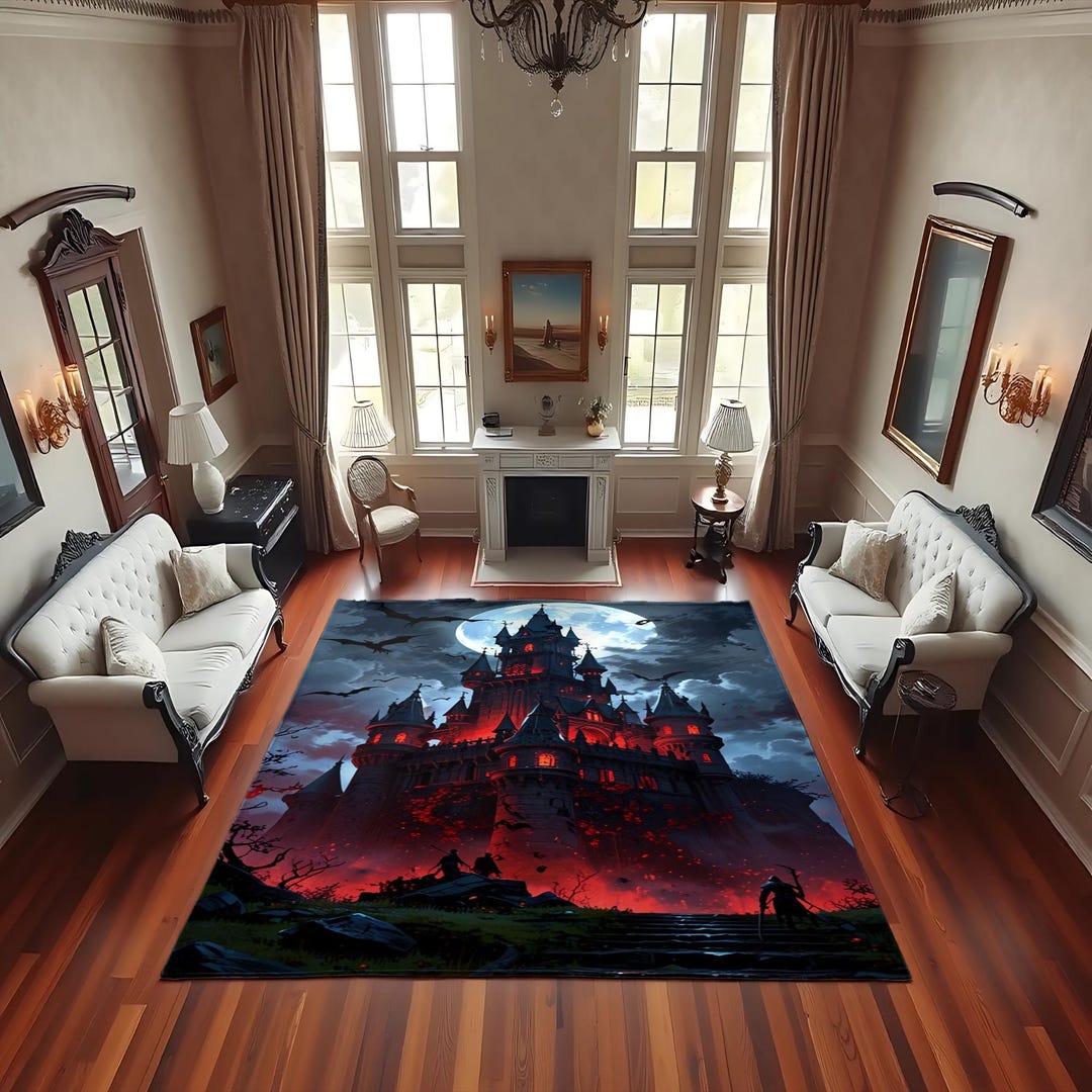 Gothic Castle Area Rug, Full Moon Bats, Halloween Decor - Etsy