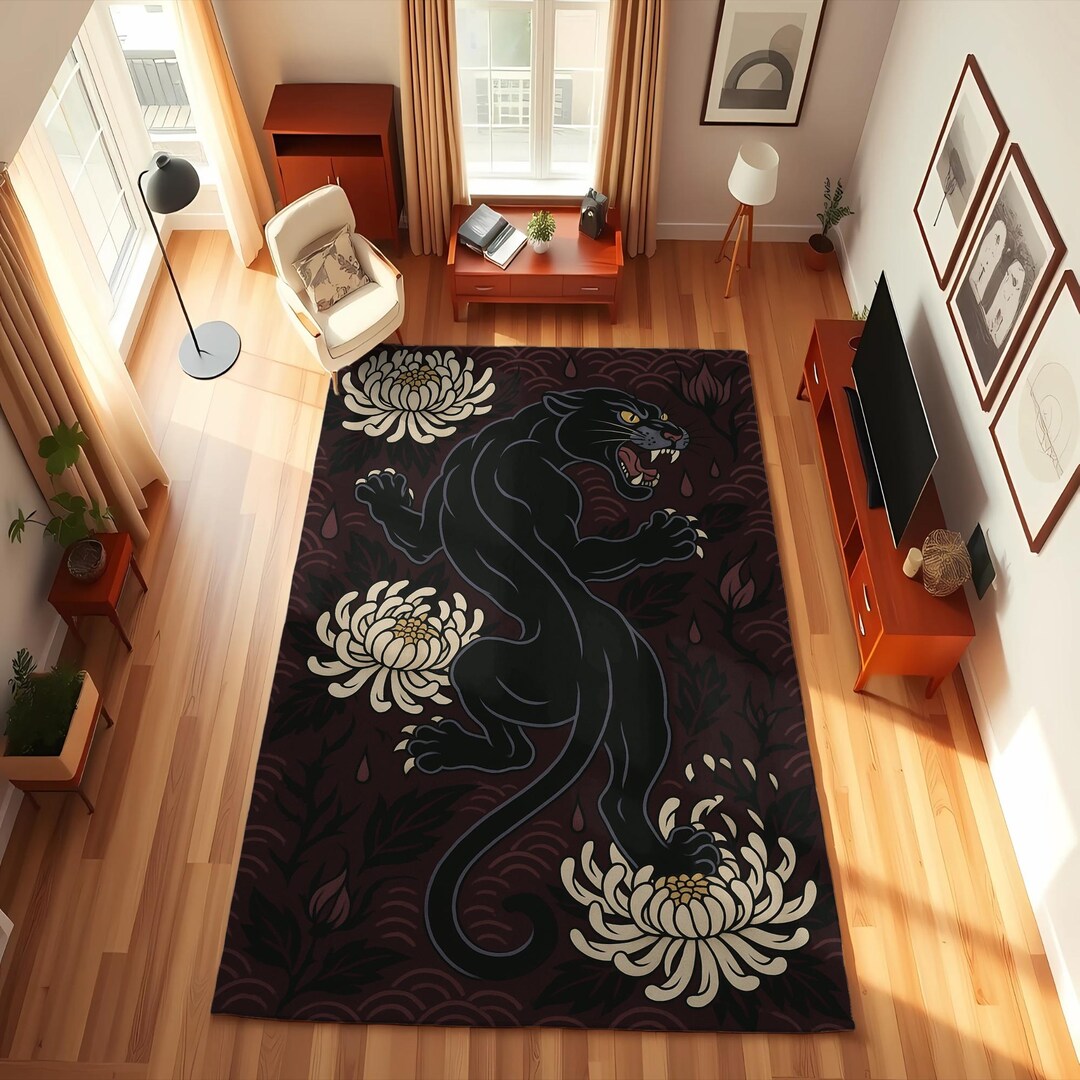 Black Panther Rug, Japanese Chrysanthemum Tattoo Style Dark Floral ...