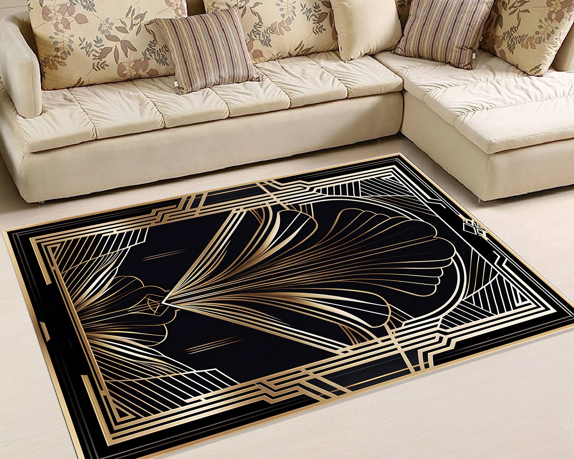 Black Gold Art Deco Rug | Fan Pattern Area Rug - Etsy