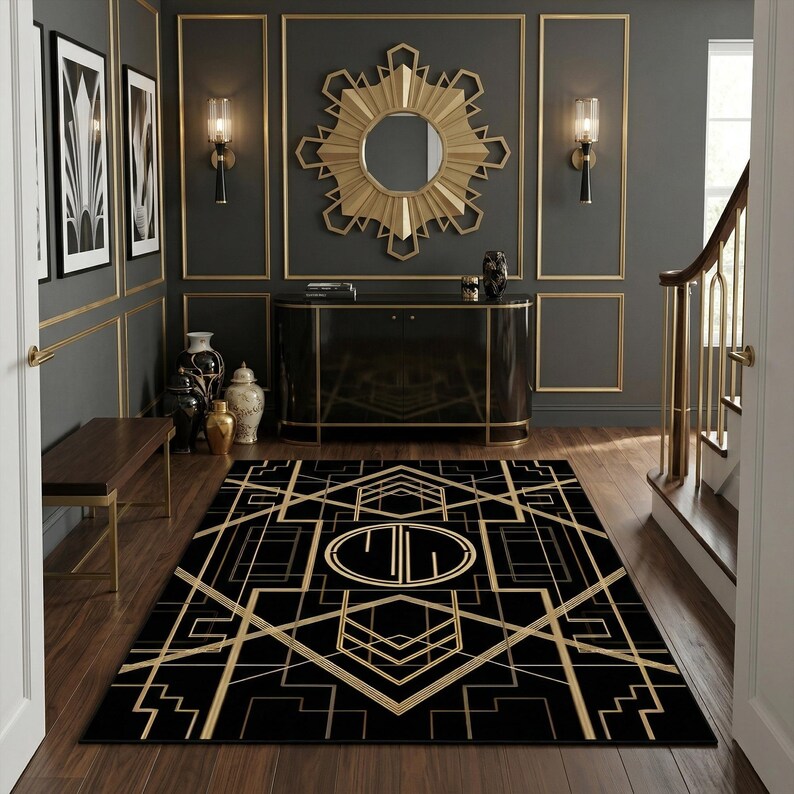 Art Deco Rug With Black Gold Geometric Lines - Etsy
