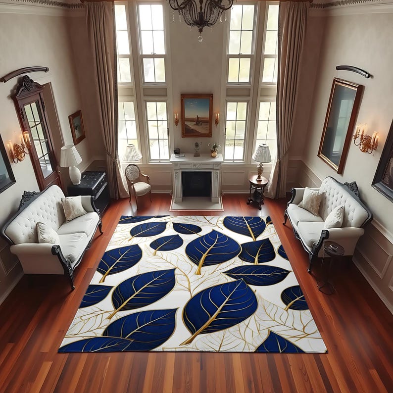Navy Blue Gold Leaf Pattern Rug, Modern Botanical Area Rug - Etsy UK