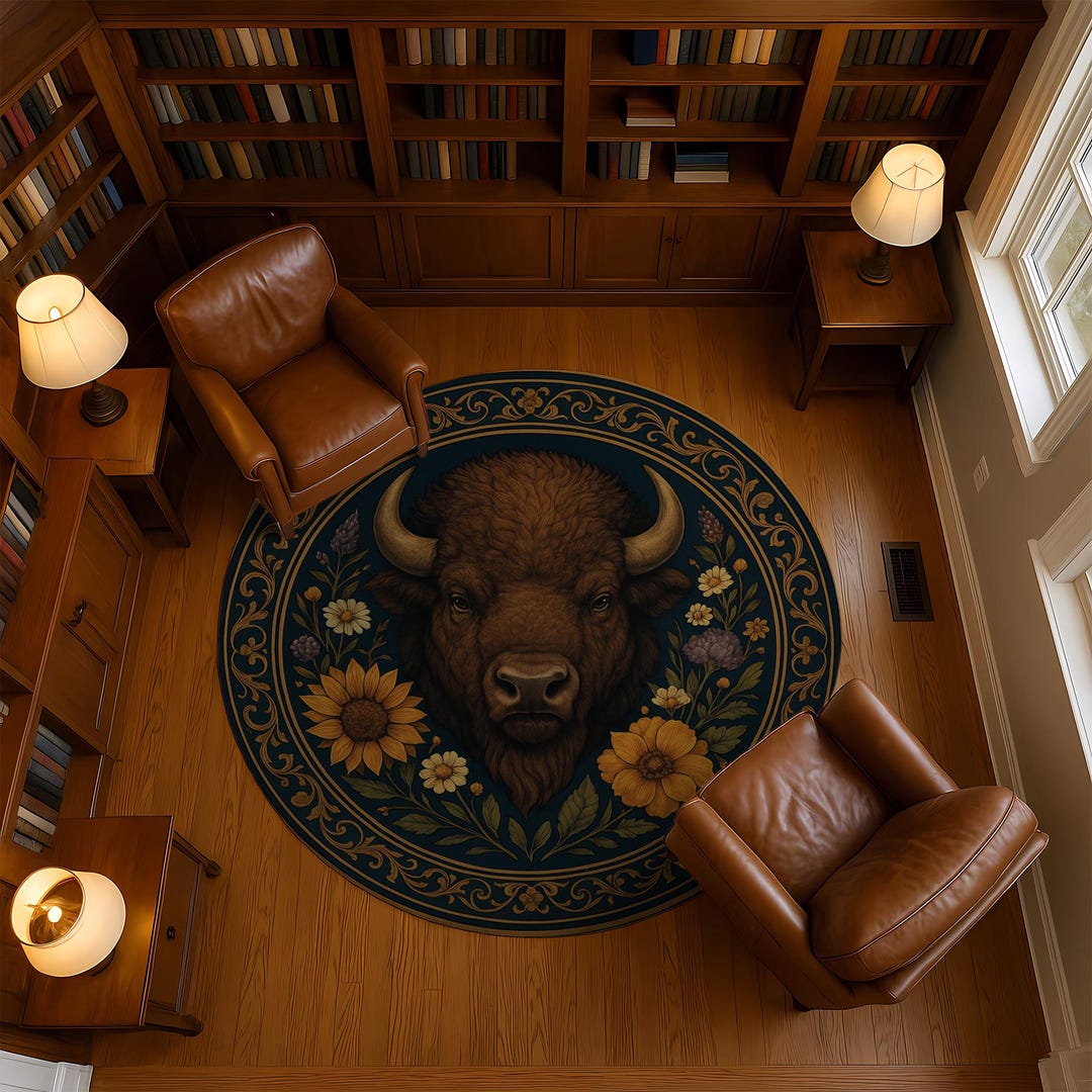 Round Bison Rug: Western Floral Border, Rustic Buffalo Art - Etsy