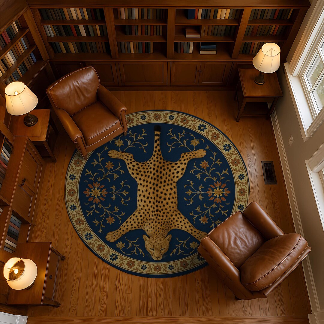 Round Cheetah Hide Rug: Navy & Gold Floral Border - Etsy