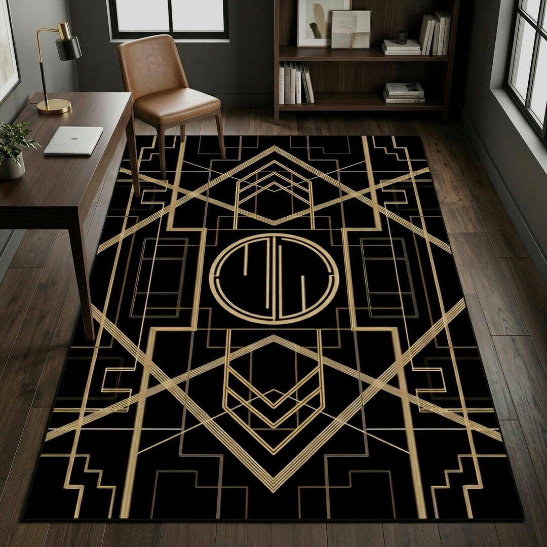 Art Deco Rug With Black Gold Geometric Lines - Etsy