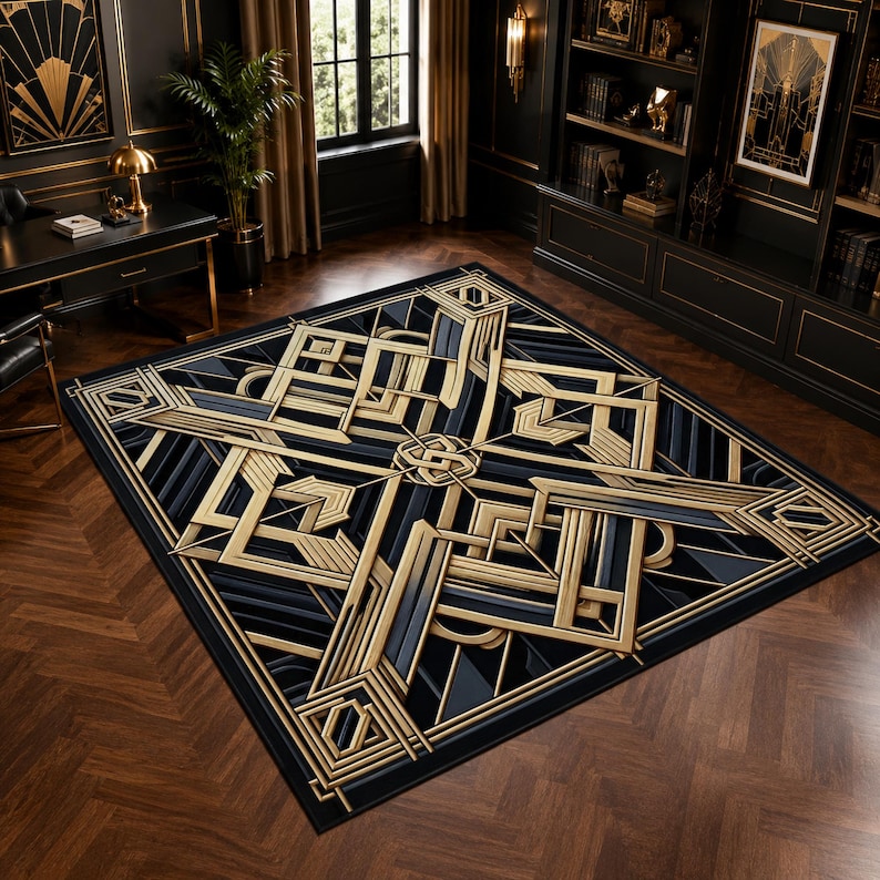 Black Gold Art Deco Rug, Geometric Gatsby Carpet, 1920s Metallic Line ...