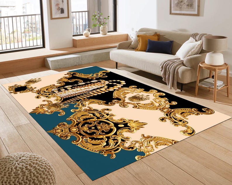 Baroque Gold Pearl Rug: Rococo Black & Champagne Luxe Carpet - Etsy