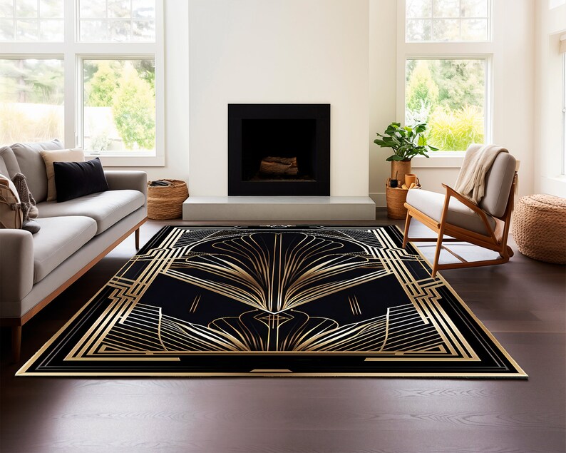 Art Deco Rug: Black Gold Striped Living Area Decor - Etsy UK