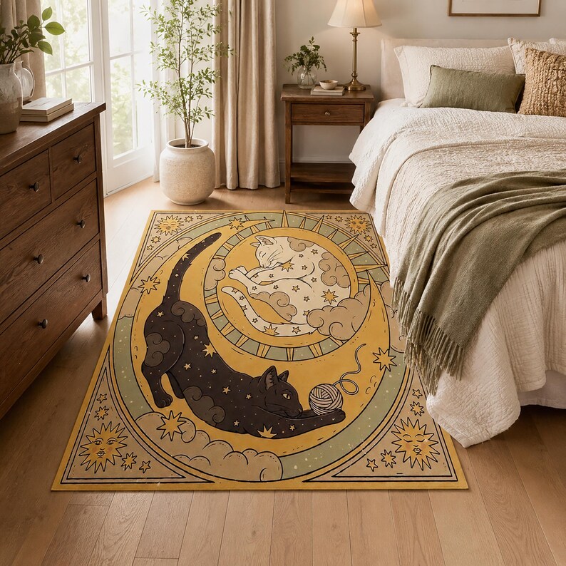 Celestial Cat Sun Moon Rug, Witchy Astrology Nursery Carpet, Boho Kids ...