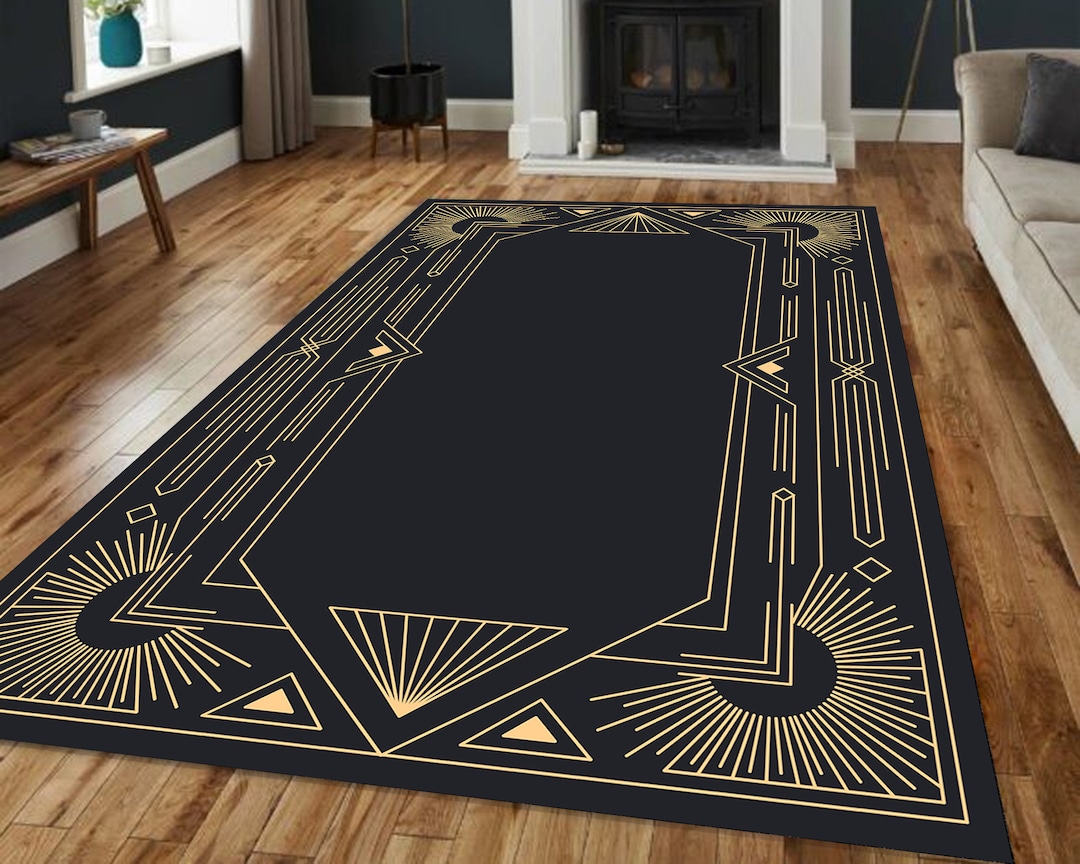 Art Deco Black and Gold Geometric Rug: Modern Minimalist Decor - Etsy