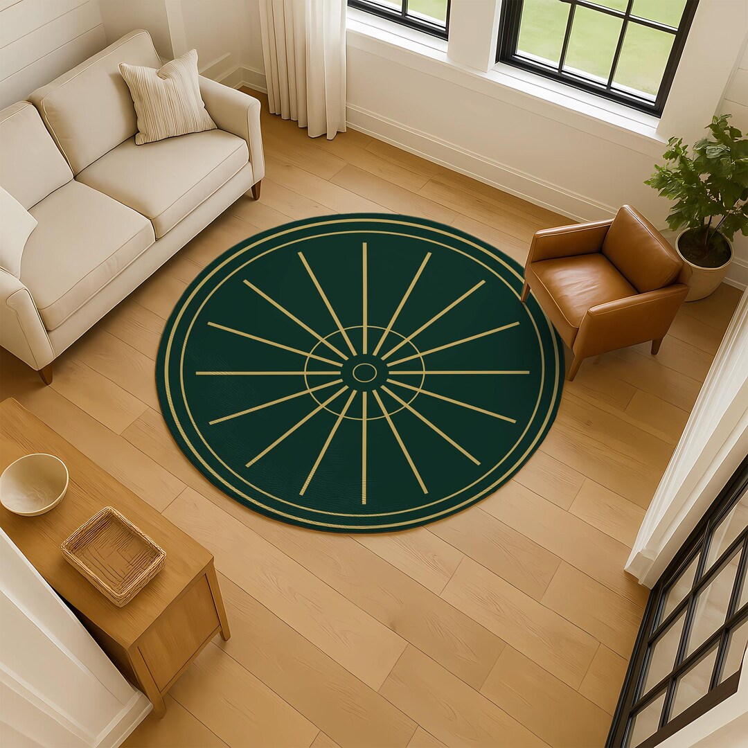 Round Spoke Wheel Rug: Gold Lines on Deep Green - Etsy