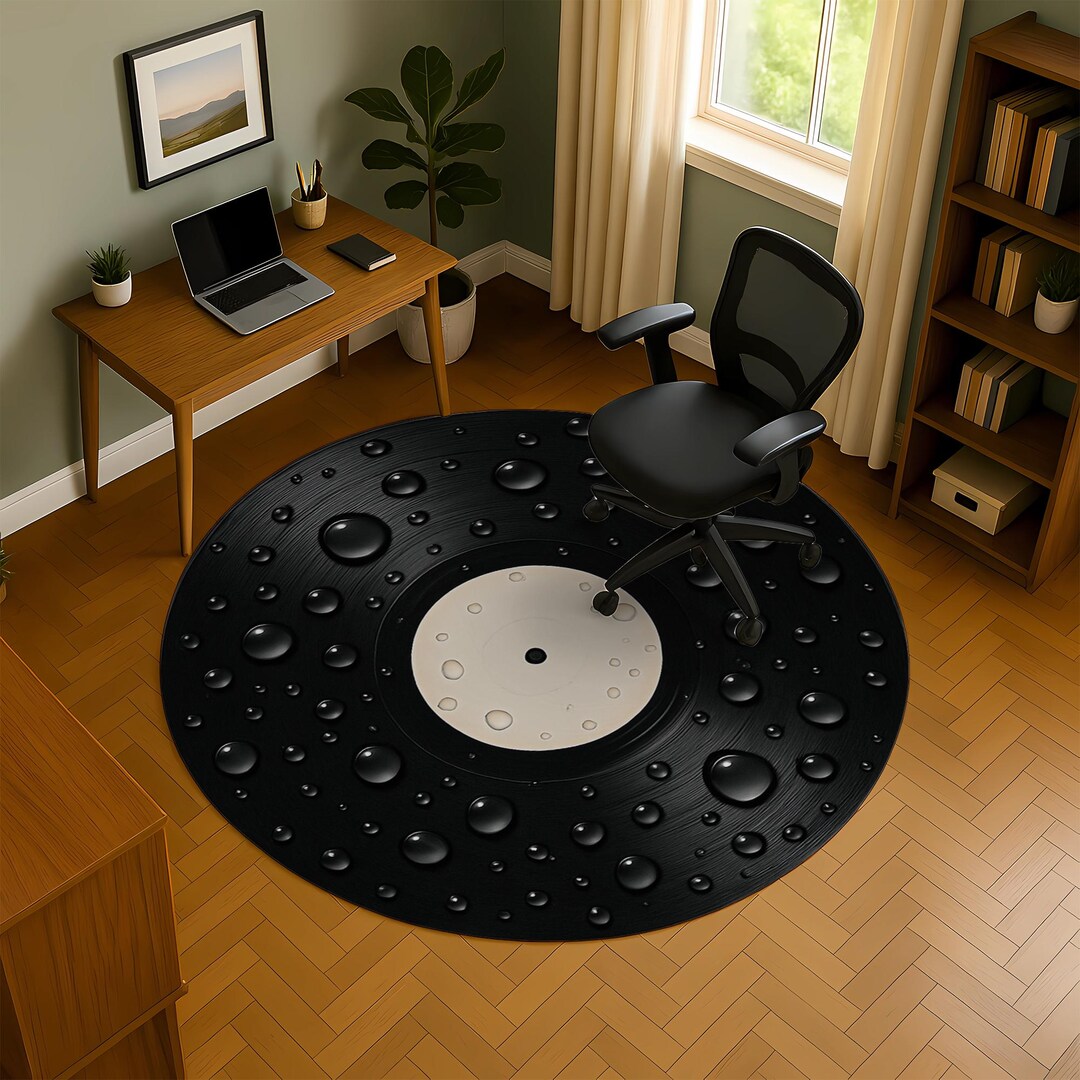 Round Vinyl Record Rug: Black LP With Water Droplets, Minimal Studio ...