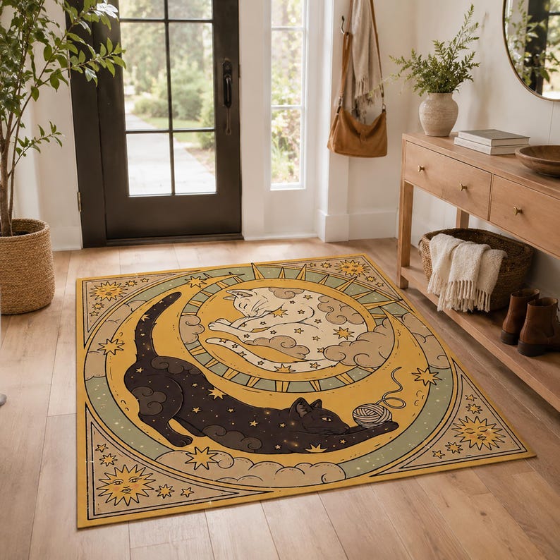 Celestial Cat Sun Moon Rug, Witchy Astrology Nursery Carpet, Boho Kids ...