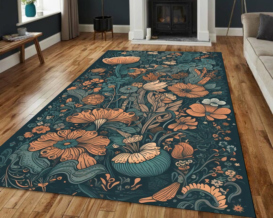 Teal Wildflower Rug: Art Nouveau Floral Area Carpet - Etsy