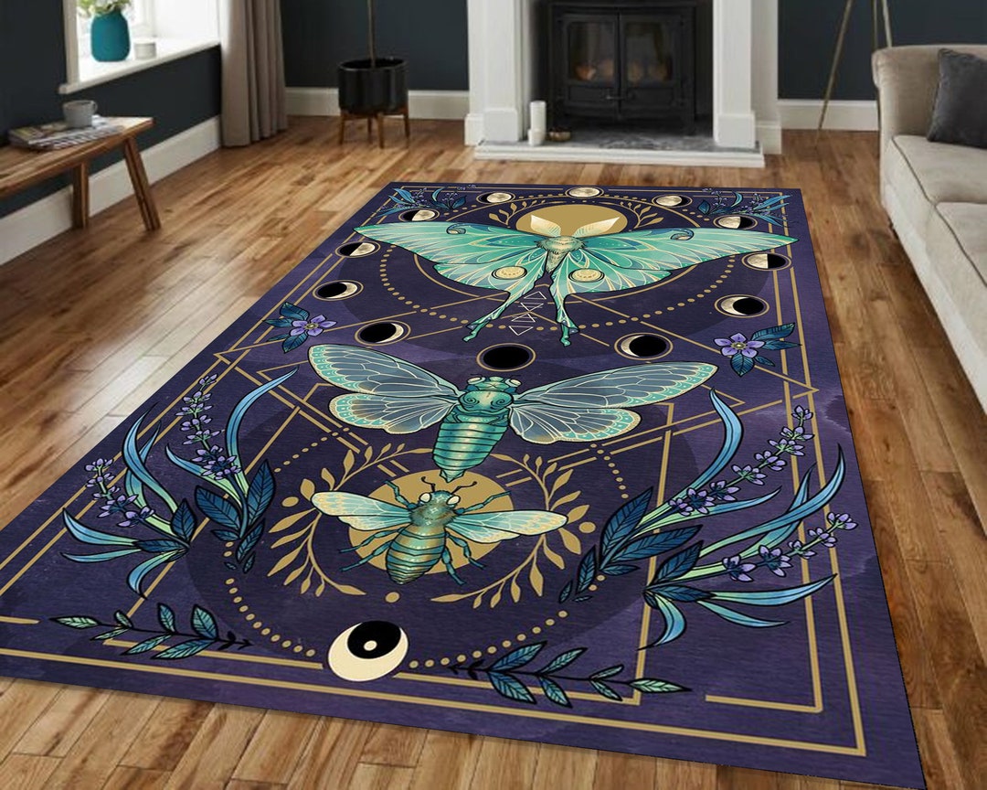 Luna Moth Moon Phases Rug, Mystic Botanical Lavender Rug, Celestial ...