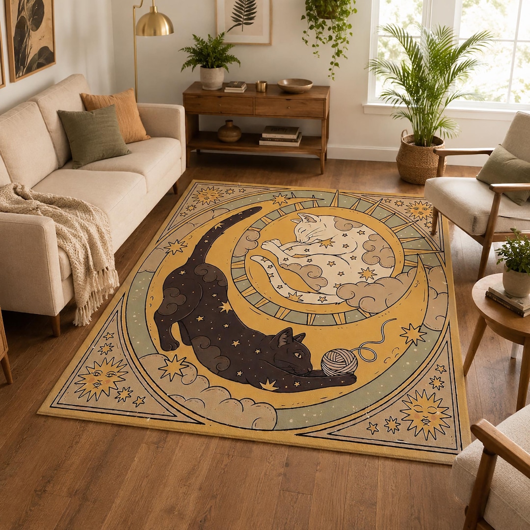 Celestial Cat Sun Moon Rug, Witchy Astrology Nursery Carpet, Boho Kids ...