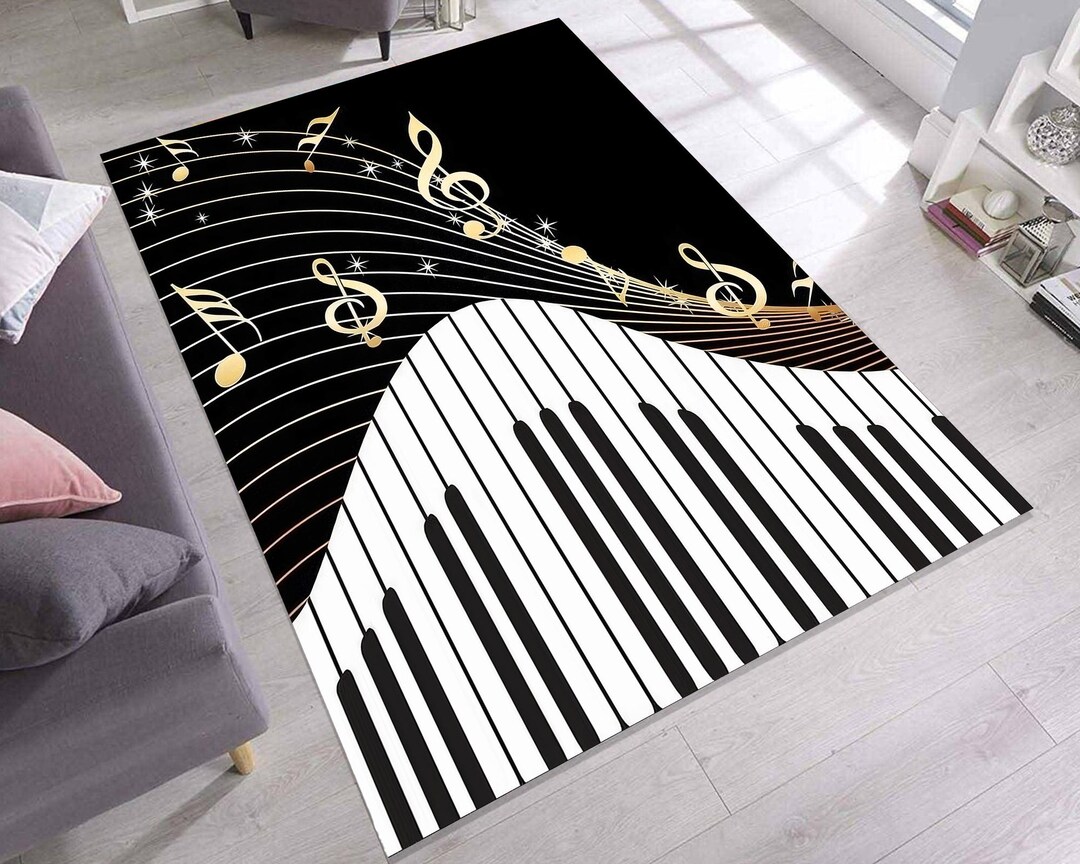 Musical Theme Rug for Piano Lovers Room, Black and White Music Note Rug ...