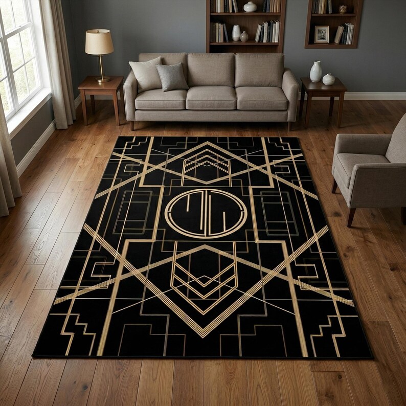 Art Deco Rug With Black Gold Geometric Lines - Etsy