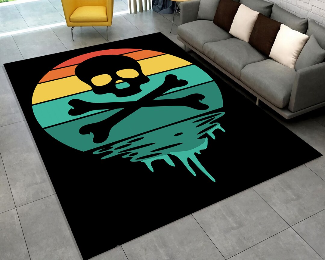 Vintage Skull Art Rug, Sunset Striped Edgy Rug, Bold Graphic Grunge ...