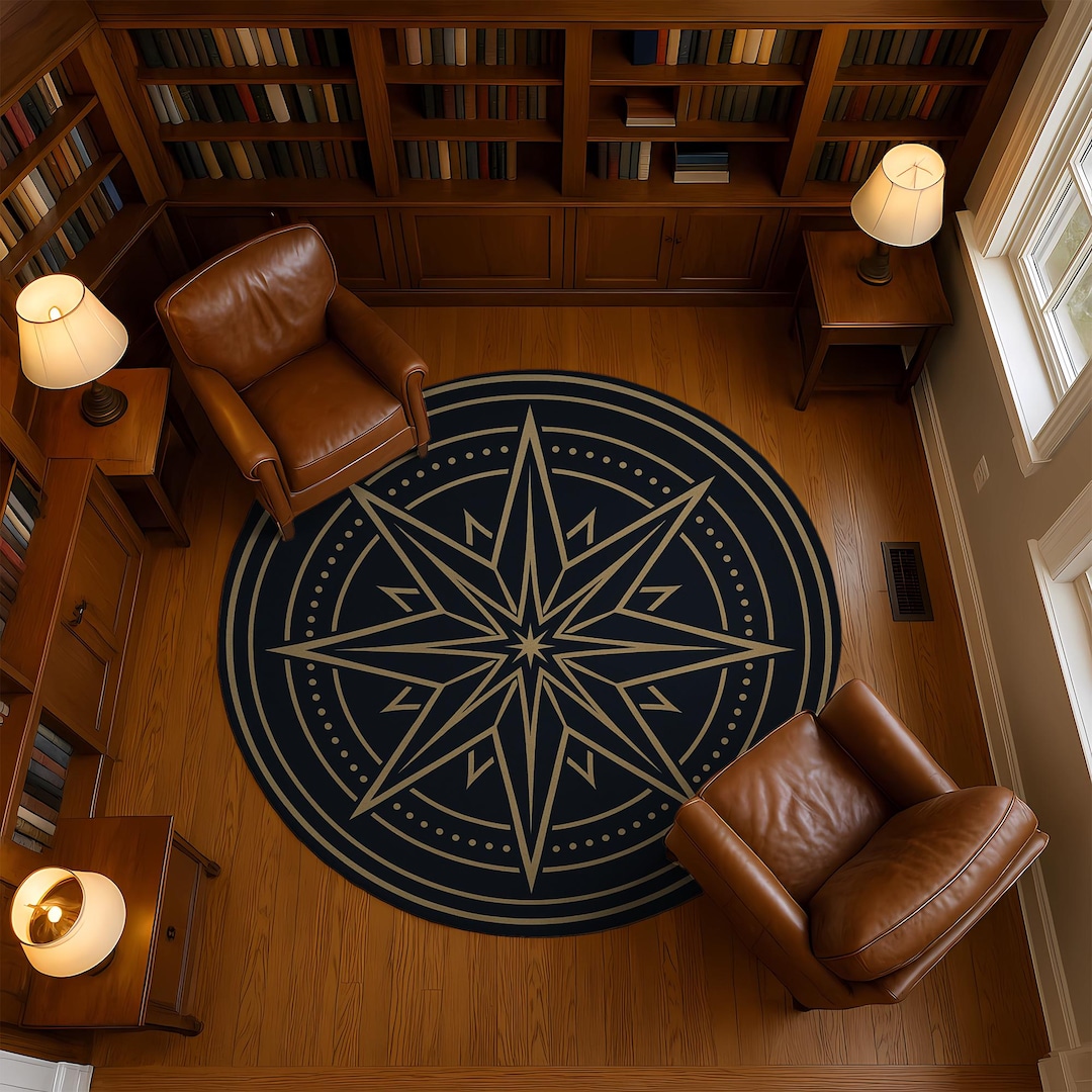 Round Compass Rose Rug: Navy Gold Nautical Accent - Etsy
