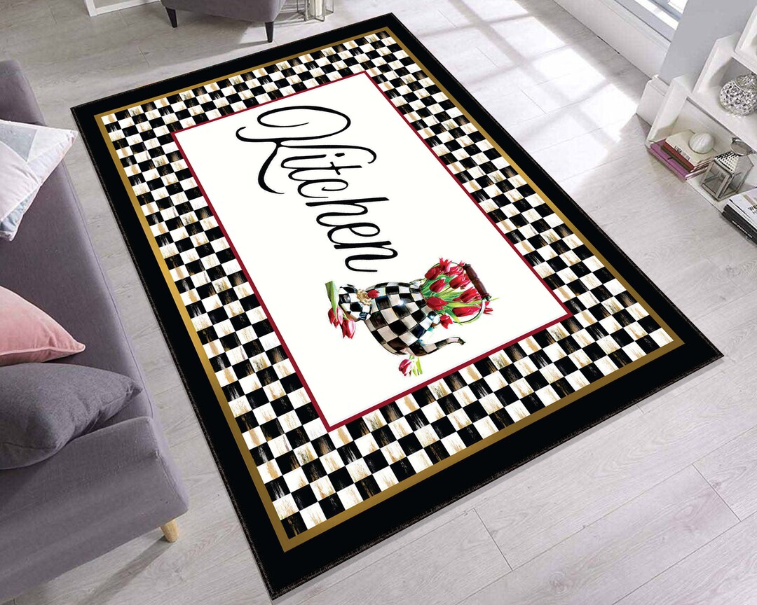 Checkered Kitchen Rug, Black White Kitchen Rug, My Kitchen My Rules Rug ...