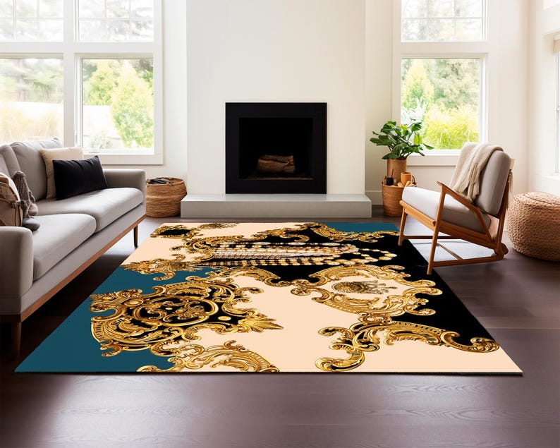 Baroque Gold Pearl Rug: Rococo Black & Champagne Luxe Carpet - Etsy