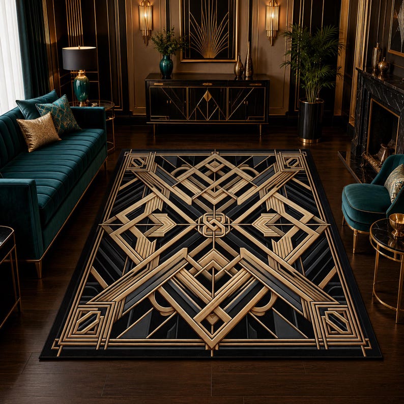Black Gold Art Deco Rug, Geometric Gatsby Carpet, 1920s Metallic Line ...