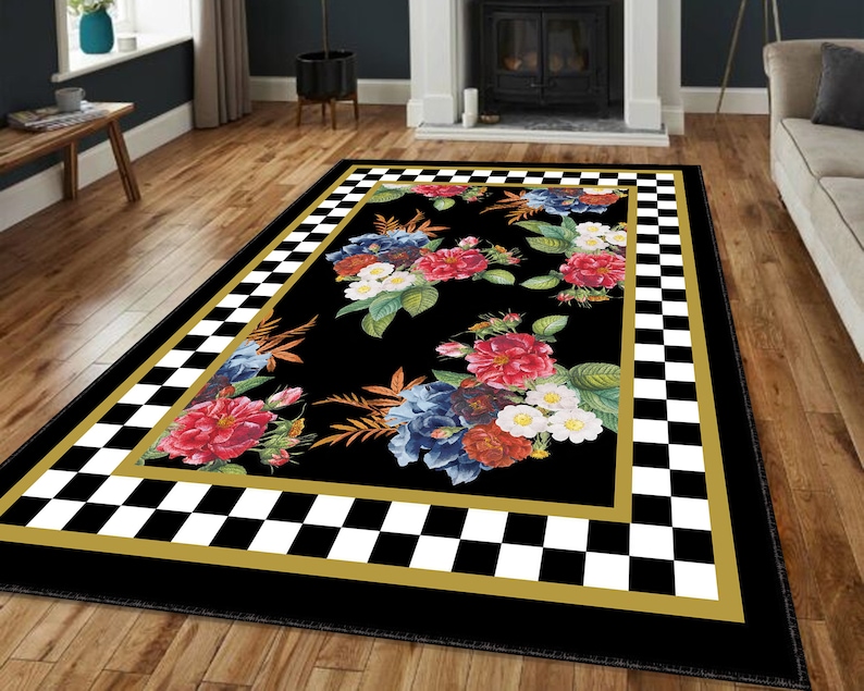 Black Floral Rug With Checkered Border - Etsy