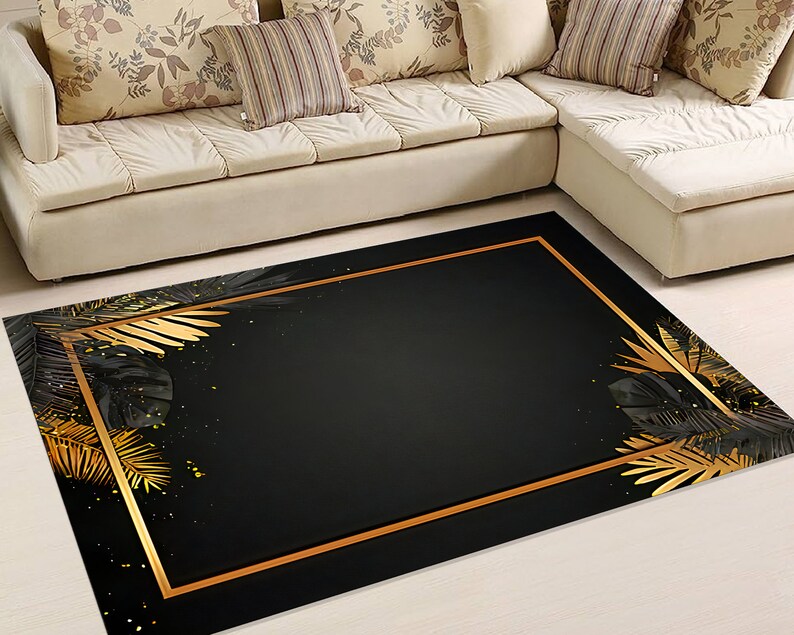 Black Based Gold Leaf Themed Luxury Home Decor Rug Abstract Living Room ...
