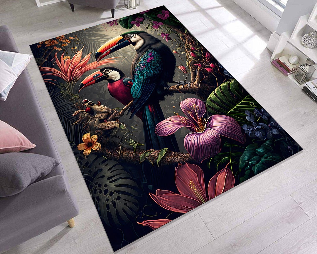 Bird Rug, Birds Design Rug, Tropical Forest Decor, Bird Pattern Rug ...