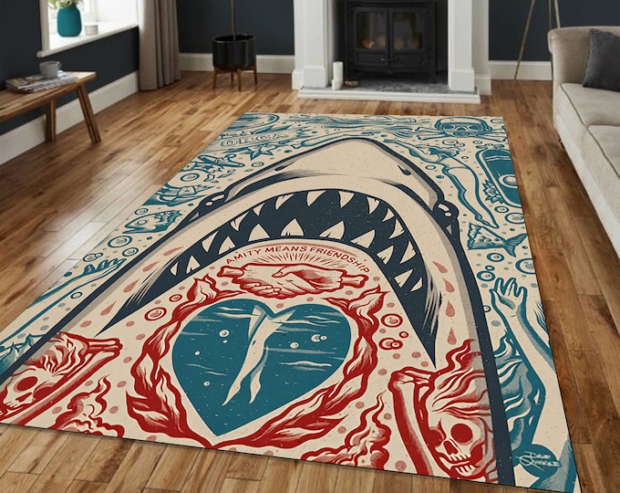 Jaws Movie Poster Tufted Rug or Wall Hanging Handmade Shark Soft Plush ...