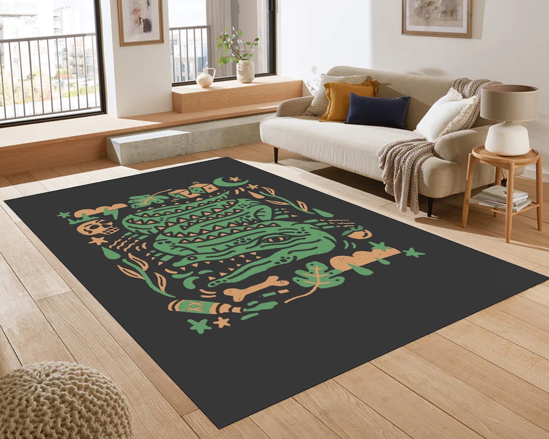 Green Crocodile Rug, Eclectic Cayman Rug, Vintage Alligator, Rug for ...