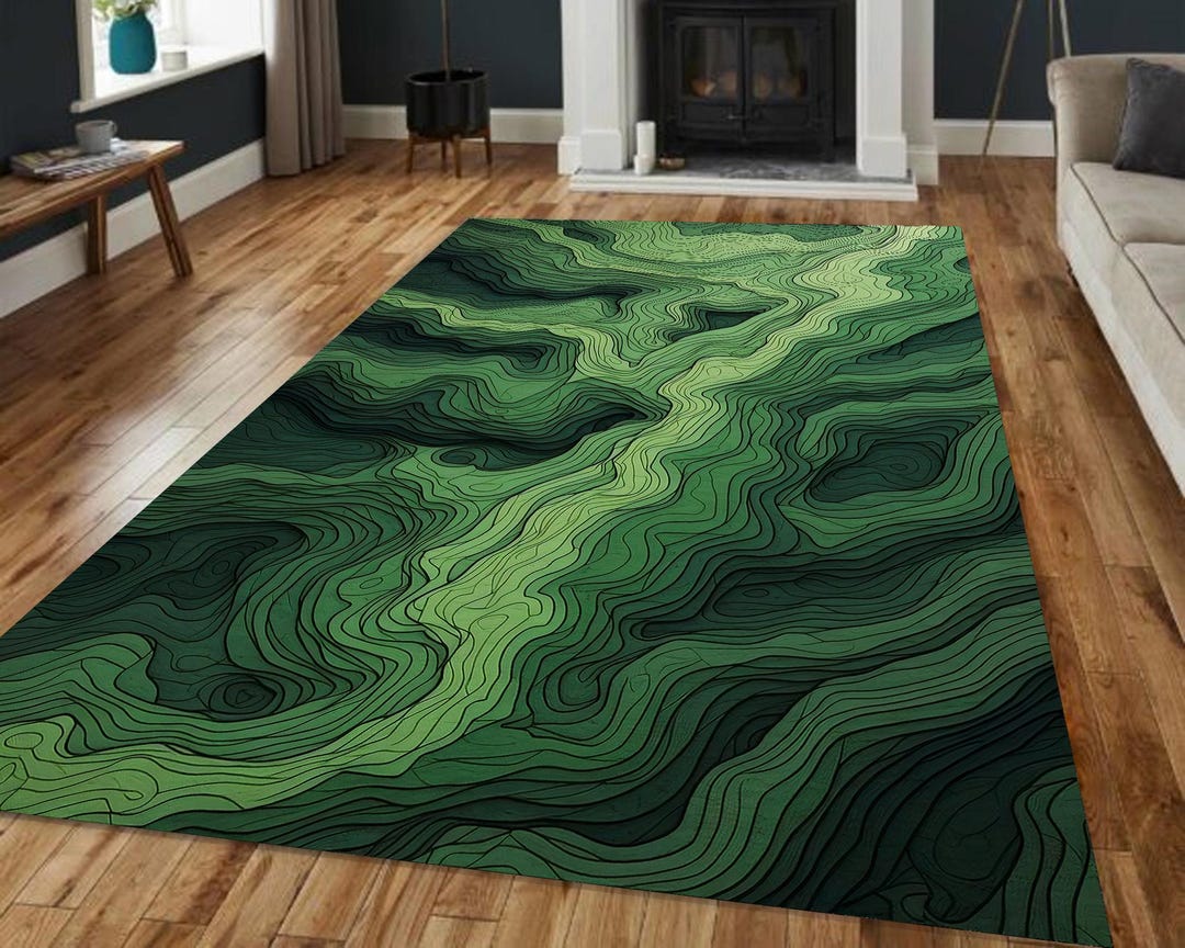 Topographic Green Rug: Abstract Contour Line Art, Eco Home Decor - Etsy