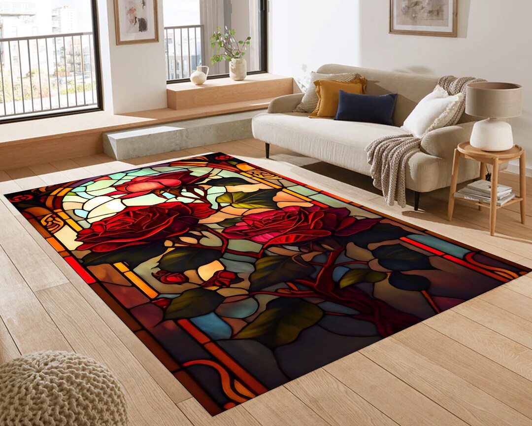 Red Rose Pattern Rug: Floral Art, Non-slip, Washable - Etsy