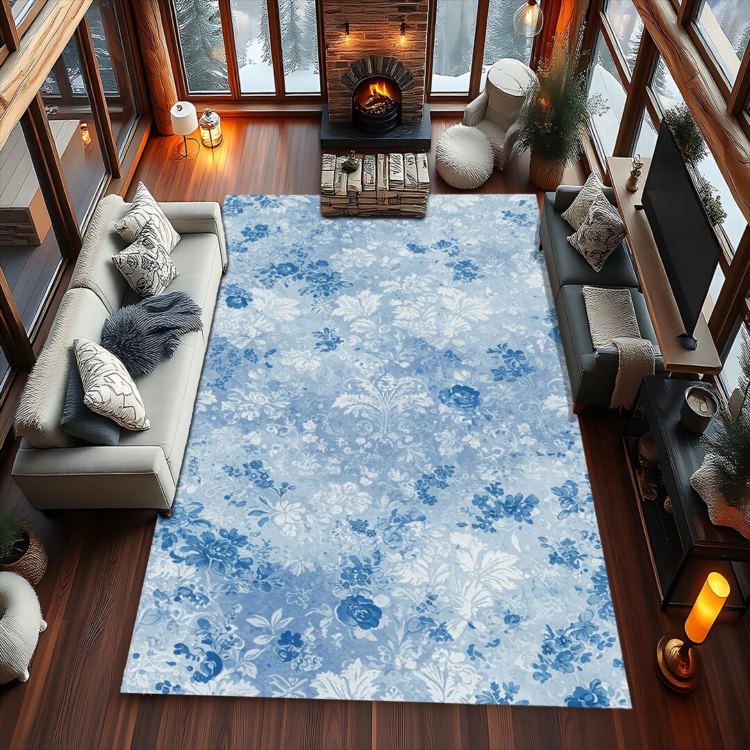 Blue Toile Rug, French Country Floral, Vintage Style - Etsy