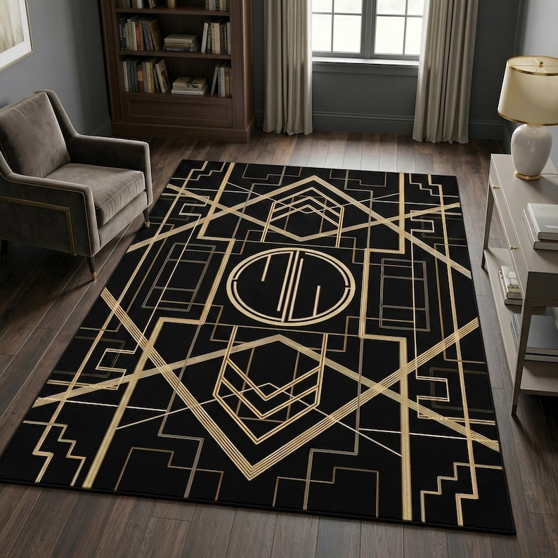 Art Deco Rug With Black Gold Geometric Lines - Etsy