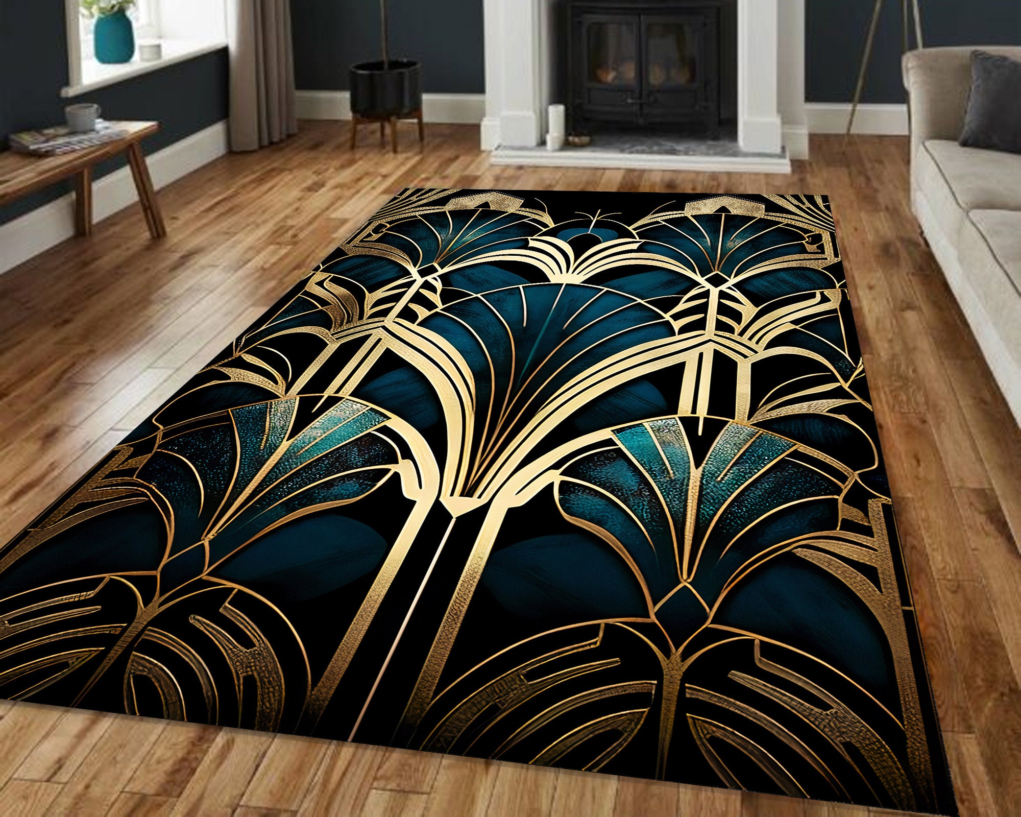 Art Deco Rug Navy Blue Gold Striped Modern Art Rug Abstract Rug Salon Kitchen Living Room