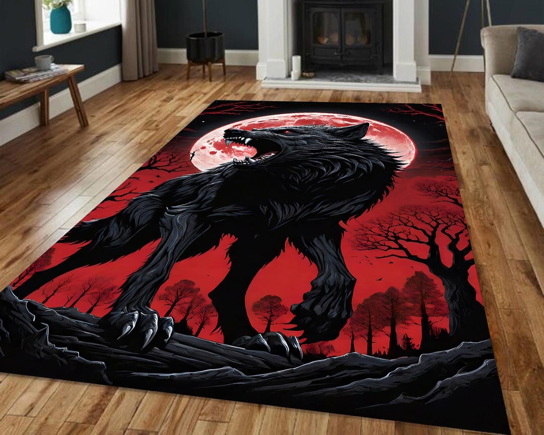 Ferocious Werewolf Rug Under Blood Moon, Alpha Nightfall Rug With Red ...