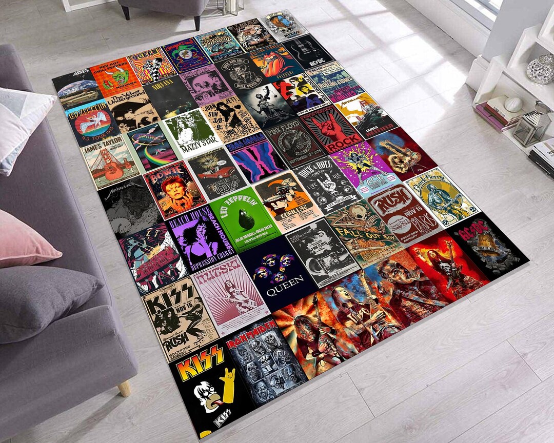 Retro Rock Poster Collage Rug, Vintage Band Concert Decor, Grunge Music ...