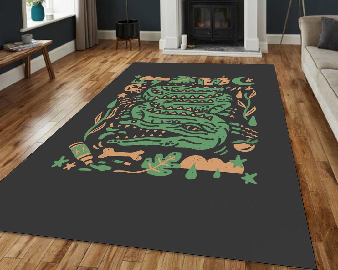 Green Crocodile Rug, Eclectic Cayman Rug, Vintage Alligator, Rug for ...