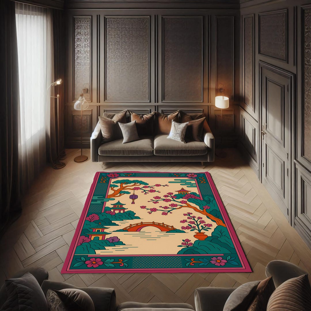 Chinoiserie Blossom Bridge Rug – Teal Pagoda Garden Scene - Etsy