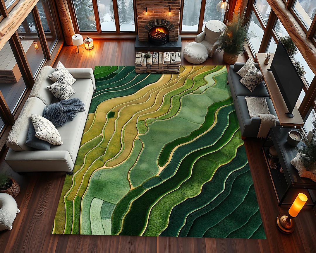 Green Abstract Landscape Rug: Modern Wavy Area Rug - Etsy