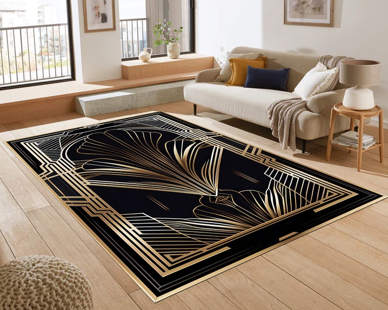 Art Deco Rug: Black Gold Striped Living Area Decor - Etsy UK