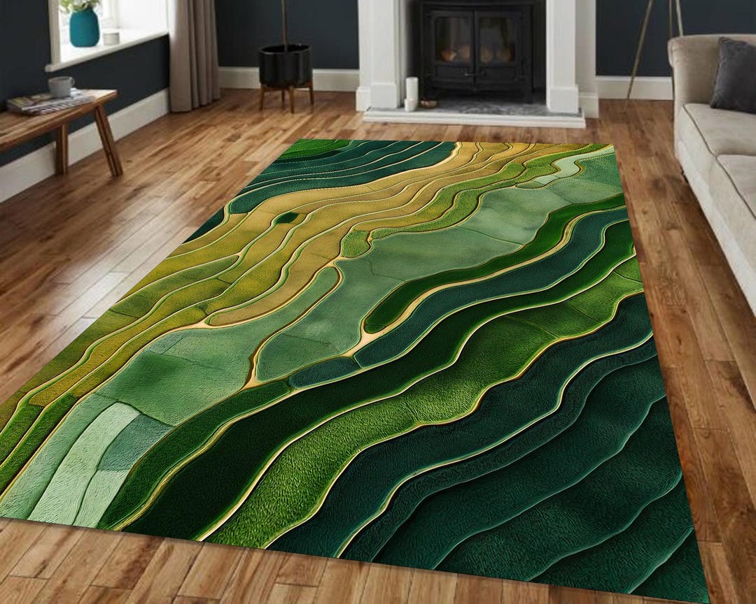 Green Abstract Landscape Rug: Modern Wavy Area Decor - Etsy