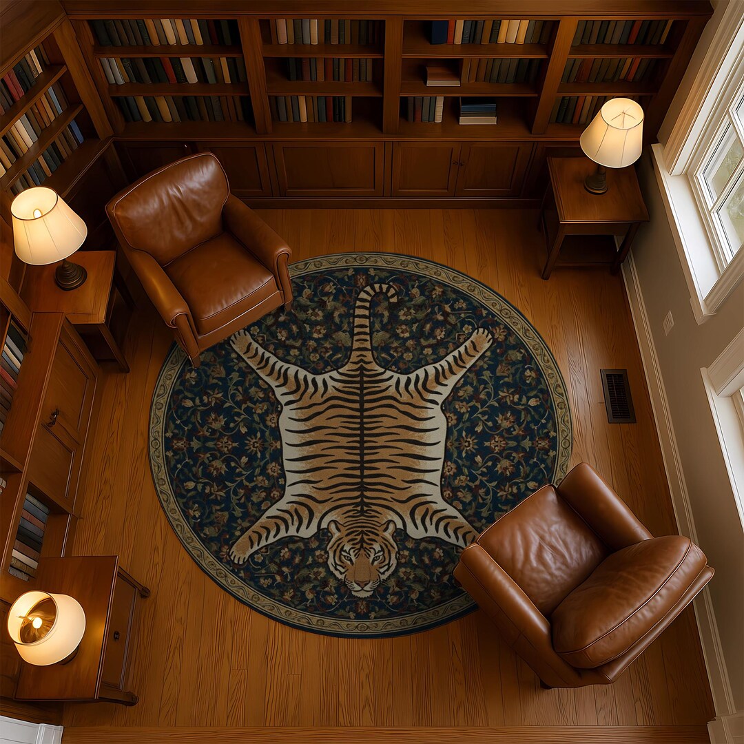 Round Tiger Pelt Rug: Navy Floral Border - Etsy