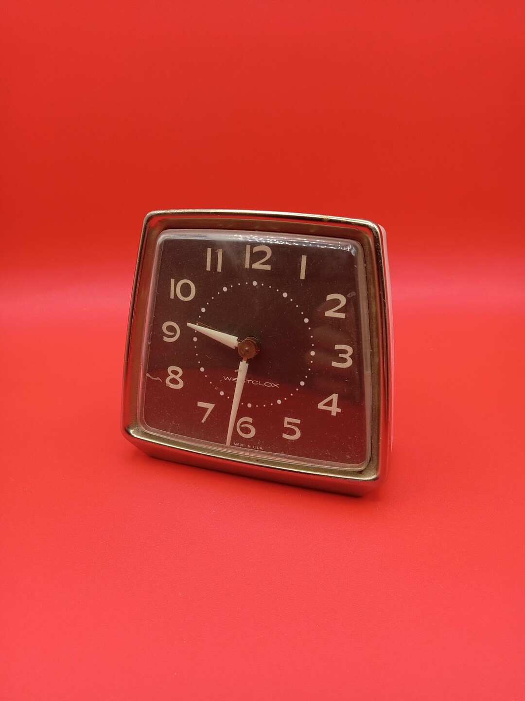Vintage Westclox Square Wind up Table Alarm Clock Brown Face Cream ...