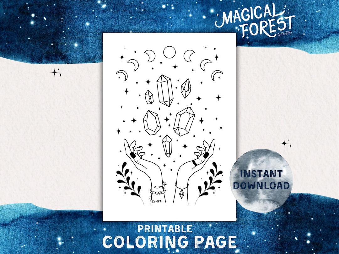 Mystical Coloring Page - Crystals & Moon Phases, Printable Coloring ...