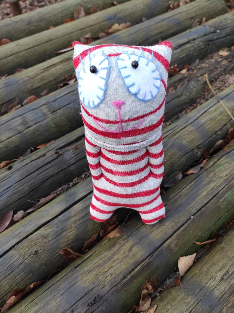 Sock Cat With Red Stripes hands in Pockets Handmade Stuffed Animal Sock ...