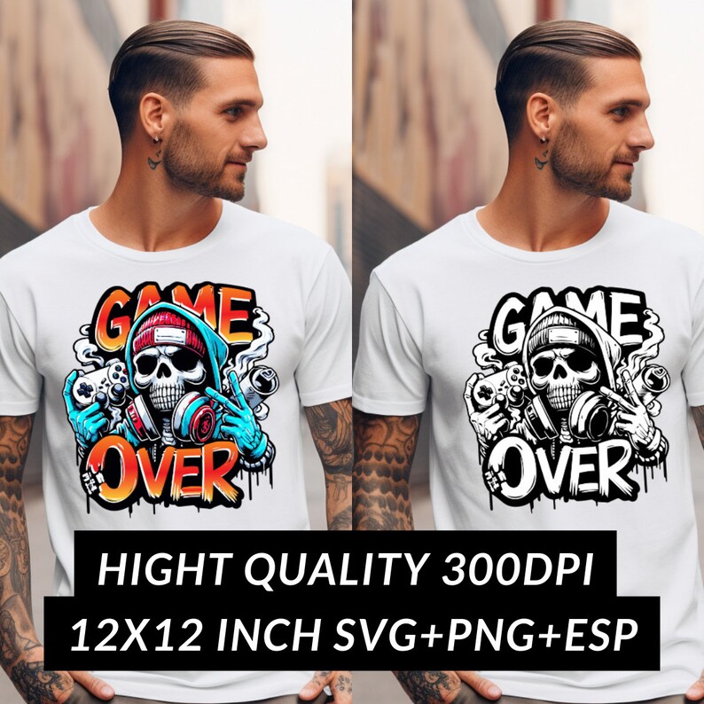 Game Over Skeleton Gamer Sublimation PNG: Urban Streetwear Art (digital ...