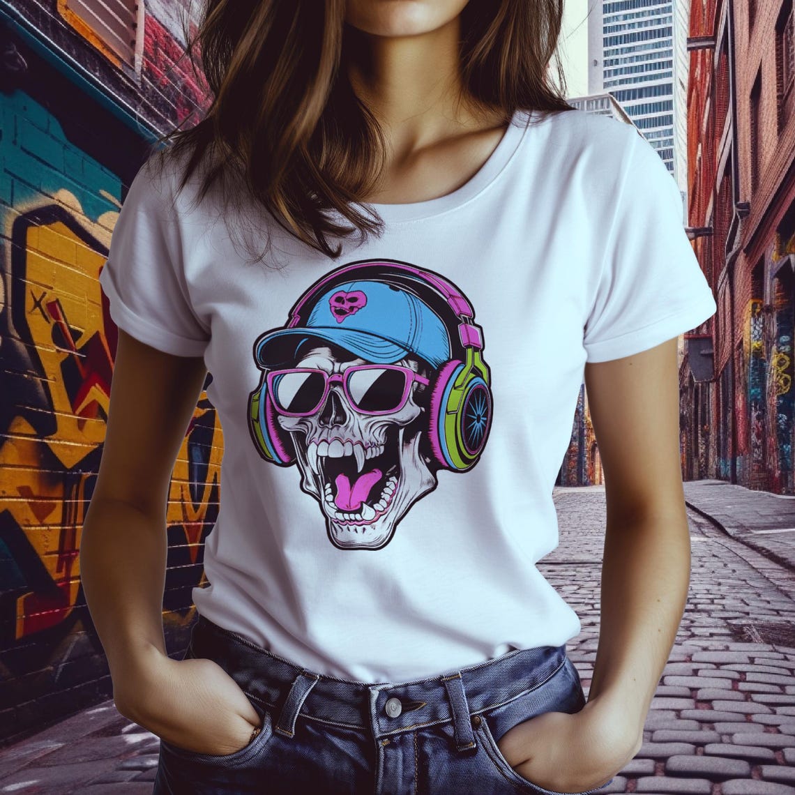 Cool Skull Headphones Art - Neon Retro 80s Style Digital Print | Skull ...